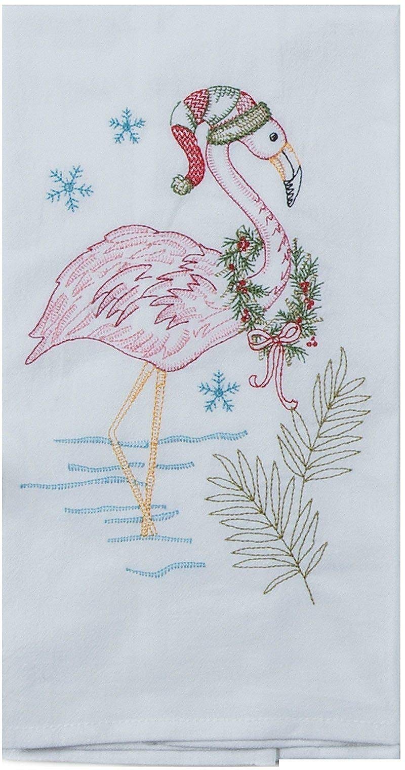 Christmas Holiday Flamingo with Wreath Embroidered Flour Sack Kitchen Dish Towel