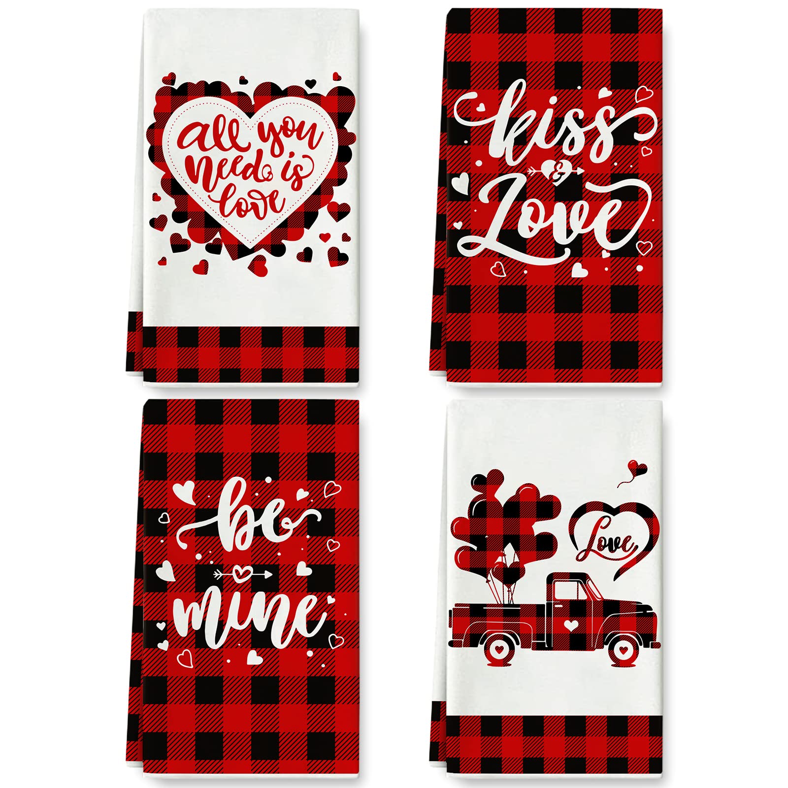 Whaline Valentine's Day Kitchen Towel Red Black Buffalo Plaids Heart Love Dish Towel 18 x 28 Inch Sweet Hand Drying Tea Towel for Wedding Birthday Mother's Day Cooking Baking, 4Pcs