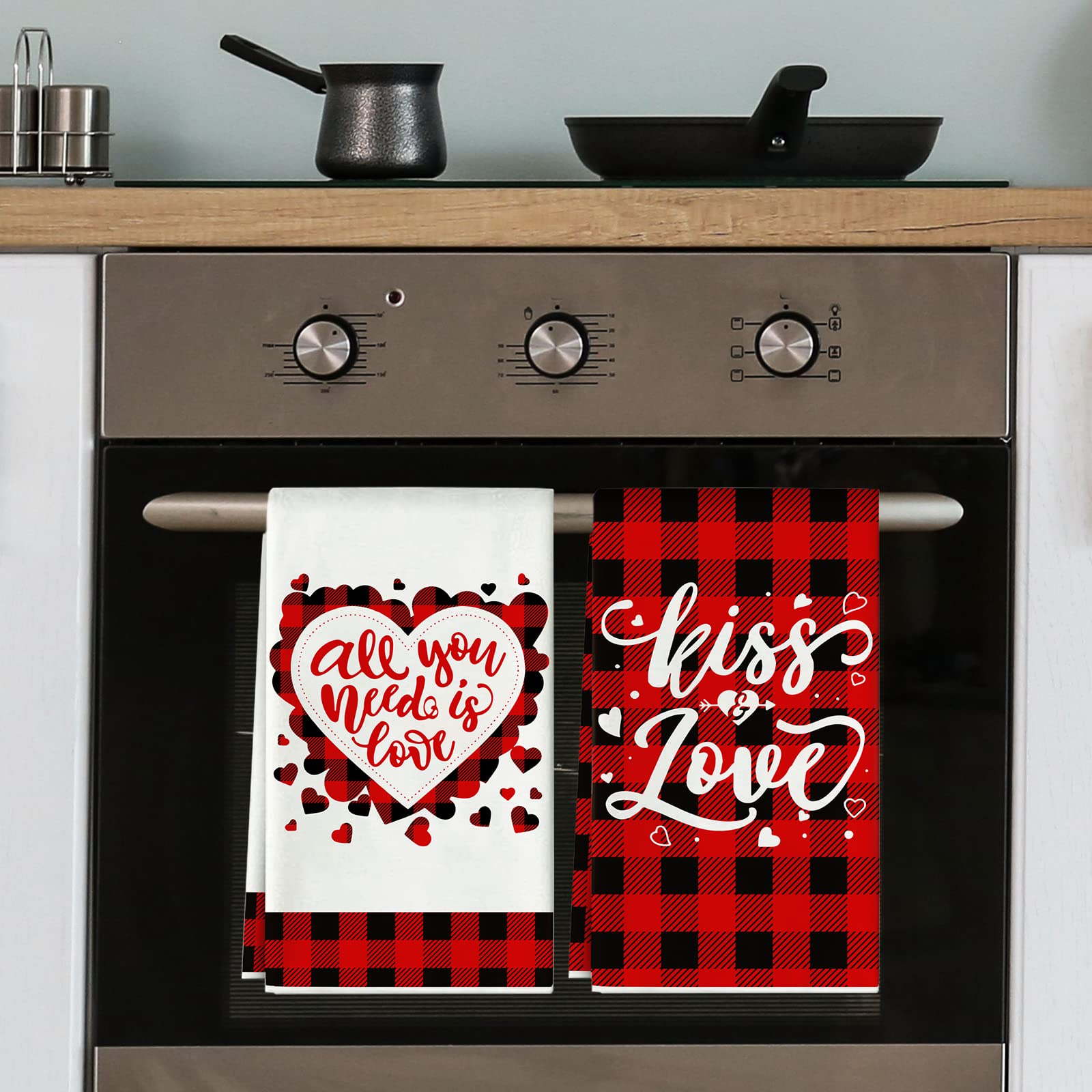 Whaline Valentine's Day Kitchen Towel Red Black Buffalo Plaids Heart Love Dish Towel 18 x 28 Inch Sweet Hand Drying Tea Towel for Wedding Birthday Mother's Day Cooking Baking, 4Pcs