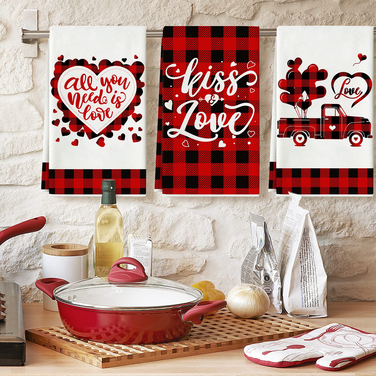 Whaline Valentine's Day Kitchen Towel Red Black Buffalo Plaids Heart Love Dish Towel 18 x 28 Inch Sweet Hand Drying Tea Towel for Wedding Birthday Mother's Day Cooking Baking, 4Pcs