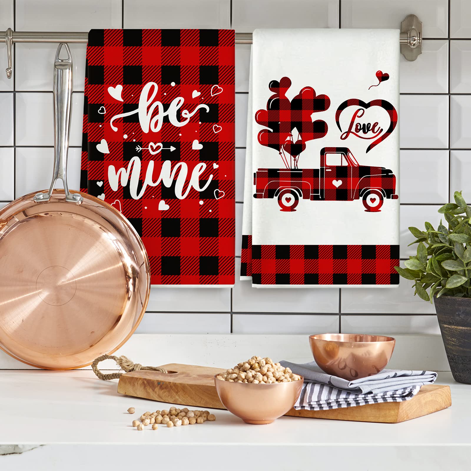 Whaline Valentine's Day Kitchen Towel Red Black Buffalo Plaids Heart Love Dish Towel 18 x 28 Inch Sweet Hand Drying Tea Towel for Wedding Birthday Mother's Day Cooking Baking, 4Pcs