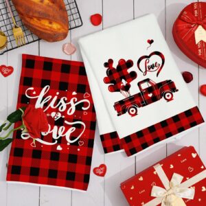 Whaline Valentine's Day Kitchen Towel Red Black Buffalo Plaids Heart Love Dish Towel 18 x 28 Inch Sweet Hand Drying Tea Towel for Wedding Birthday Mother's Day Cooking Baking, 4Pcs