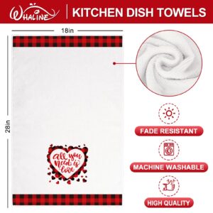 Whaline Valentine's Day Kitchen Towel Red Black Buffalo Plaids Heart Love Dish Towel 18 x 28 Inch Sweet Hand Drying Tea Towel for Wedding Birthday Mother's Day Cooking Baking, 4Pcs