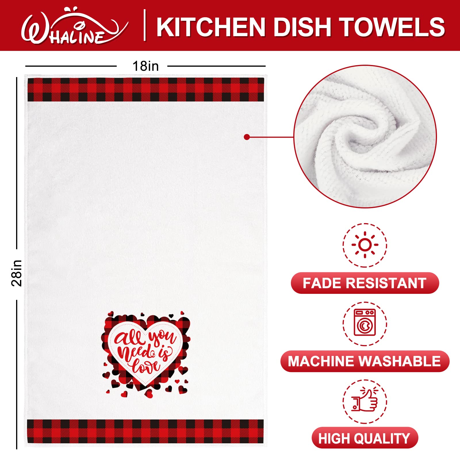 Whaline Valentine's Day Kitchen Towel Red Black Buffalo Plaids Heart Love Dish Towel 18 x 28 Inch Sweet Hand Drying Tea Towel for Wedding Birthday Mother's Day Cooking Baking, 4Pcs