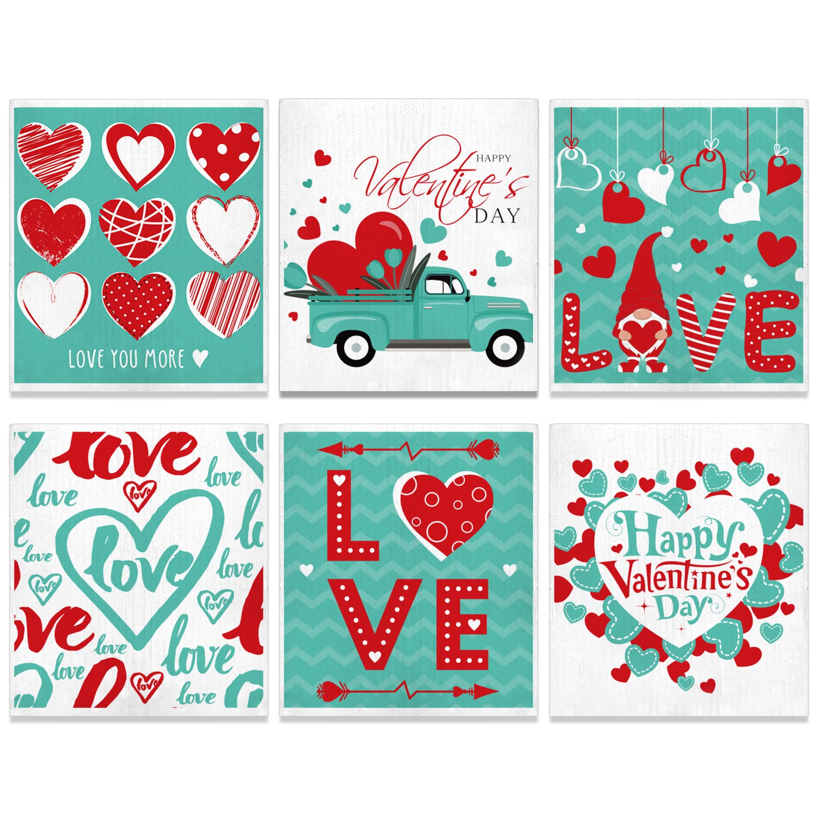 Whaline Valentine's Day Swedish Kitchen Dishcloth Blue Red Dish Towel Truck Love Heart Gnome Prints Valentine Hand Drying Tea Towel for Wedding Anniversary Cooking Baking, 6.7 x 7.7 in, 6Pcs