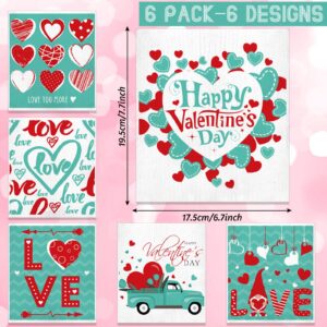 Whaline Valentine's Day Swedish Kitchen Dishcloth Blue Red Dish Towel Truck Love Heart Gnome Prints Valentine Hand Drying Tea Towel for Wedding Anniversary Cooking Baking, 6.7 x 7.7 in, 6Pcs