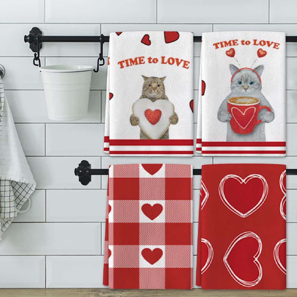 ABTOLS Valentine Kitchen Towel 4 Pieces Valentine's Day Heart Towels Red Love Cat Valentine Dish Towels Romantic Heart Kitchen Towel Soft Heart Dish Towels Kitchen Tea Towels for Home Kitchen