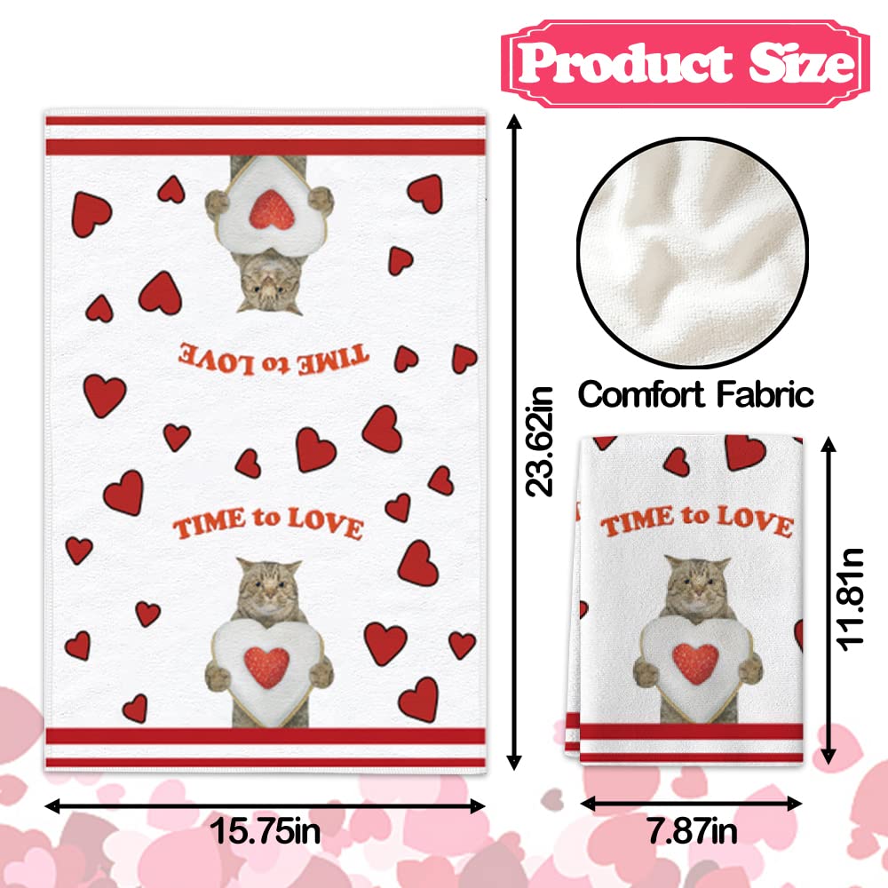 ABTOLS Valentine Kitchen Towel 4 Pieces Valentine's Day Heart Towels Red Love Cat Valentine Dish Towels Romantic Heart Kitchen Towel Soft Heart Dish Towels Kitchen Tea Towels for Home Kitchen