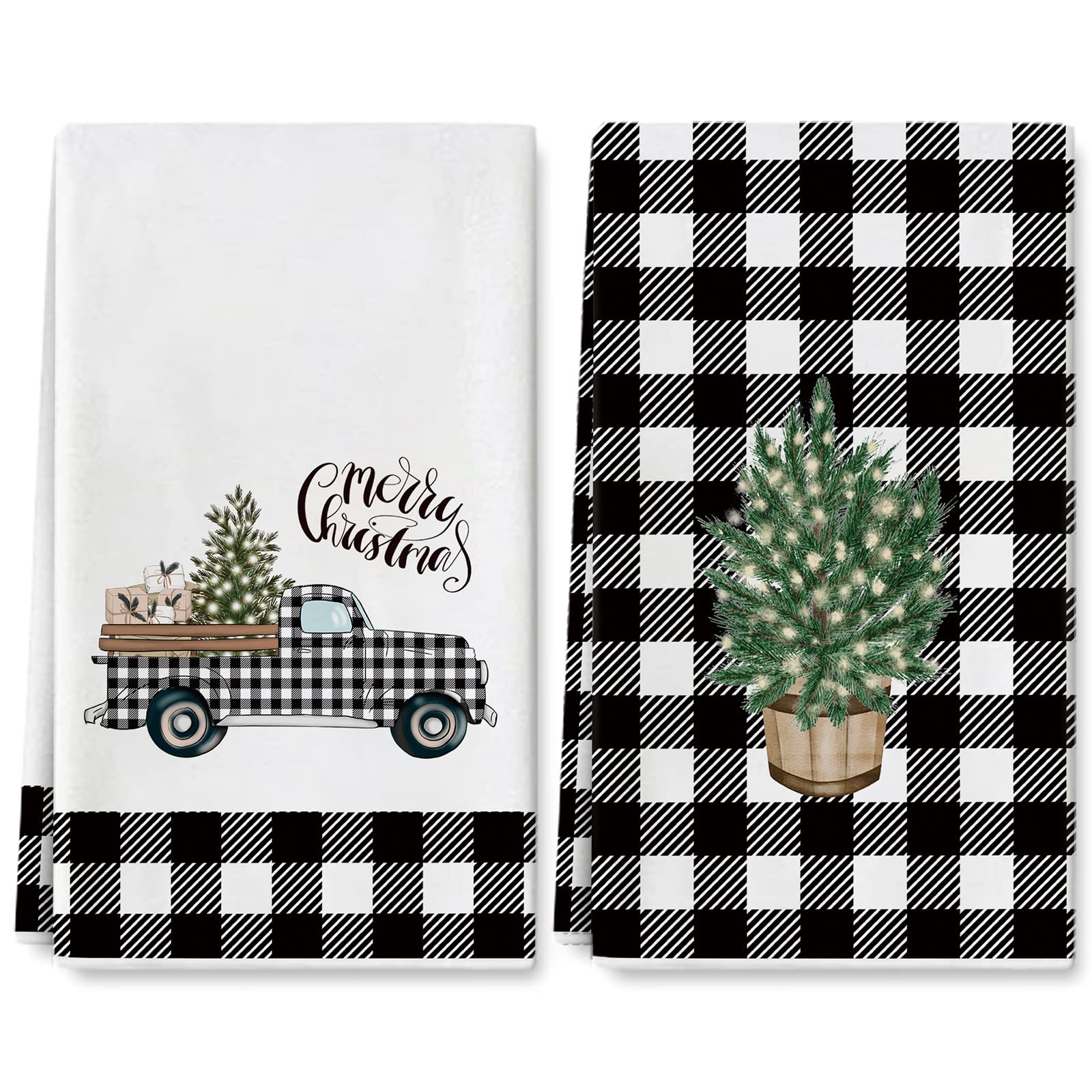 AnyDesign Merry Christmas Kitchen Towel White Black Buffalo Plaids Dish Towel Rustic Xmas Tree Truck Tea Towel Farmhouse Hand Drying Towel for Cooking Baking, 18 x 28, 2 Pack