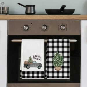 AnyDesign Merry Christmas Kitchen Towel White Black Buffalo Plaids Dish Towel Rustic Xmas Tree Truck Tea Towel Farmhouse Hand Drying Towel for Cooking Baking, 18 x 28, 2 Pack