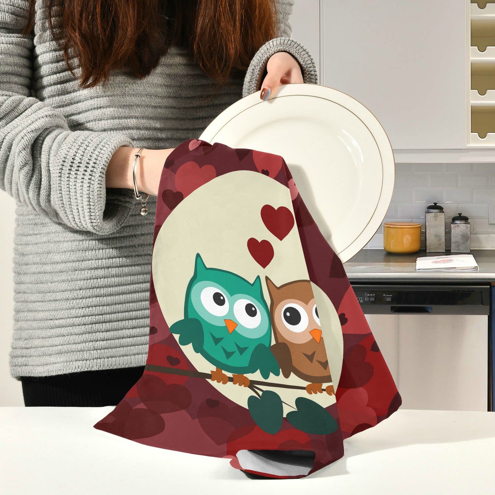 SLHKPNS Cute Owls Love Kitchen Dish Towel Set of 4 Valentines Day 18x28in Absorbent Dishcloth Reusable Cleaning Cloths for Household Use