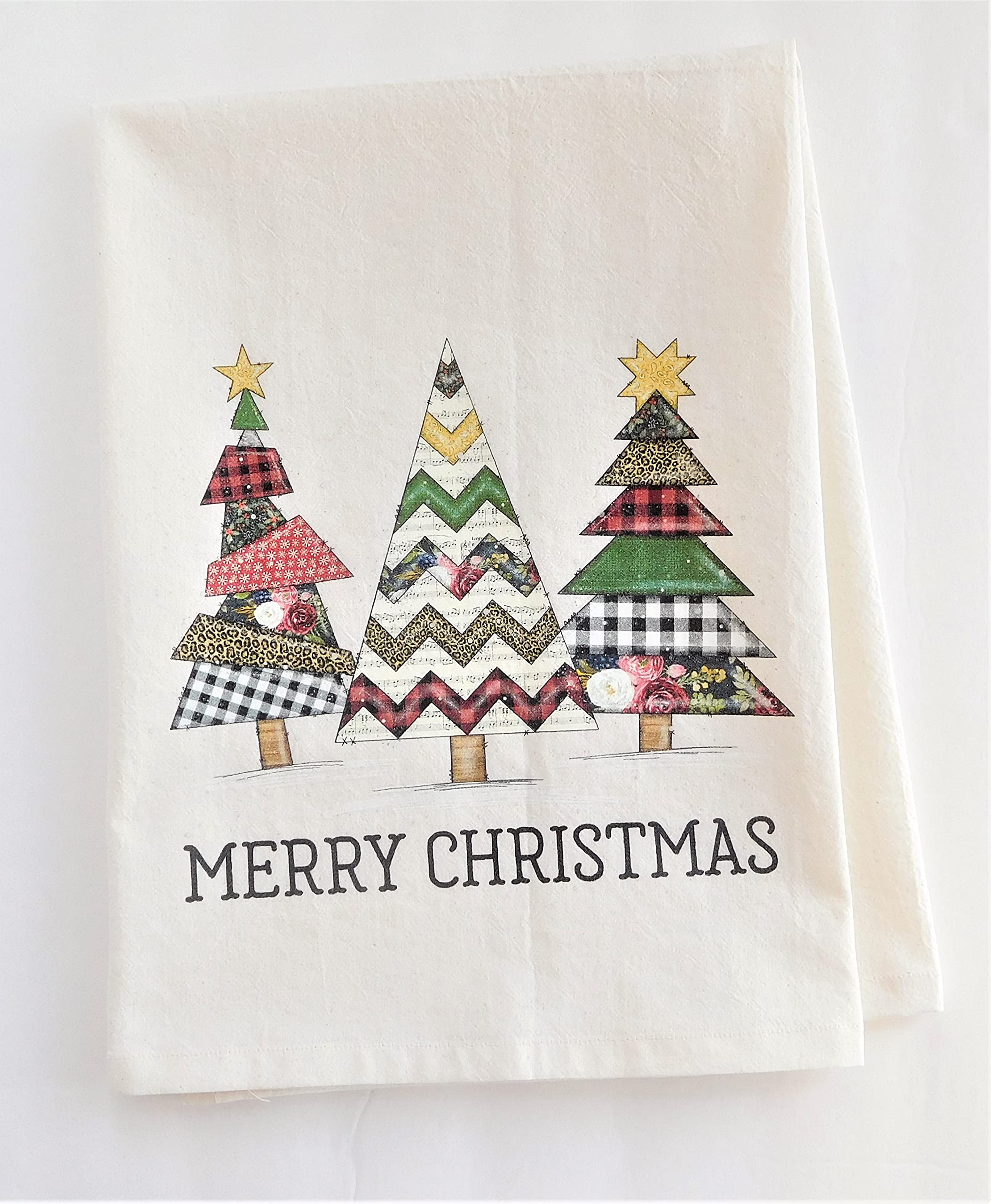 Kitchen Dish Towel - Merry Christmas Quilted Trees Flour Sack Towel Natural Color