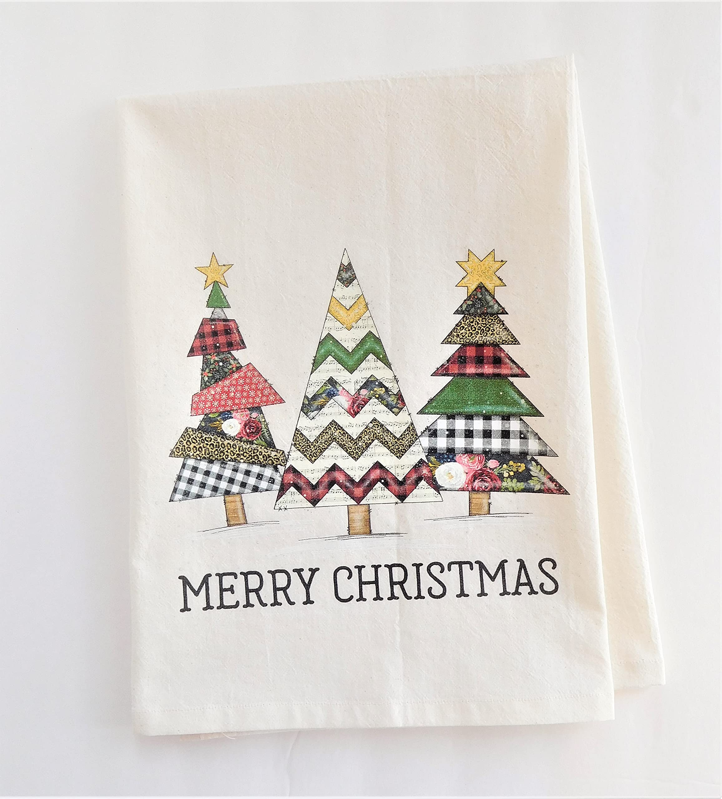 Kitchen Dish Towel - Merry Christmas Quilted Trees Flour Sack Towel Natural Color