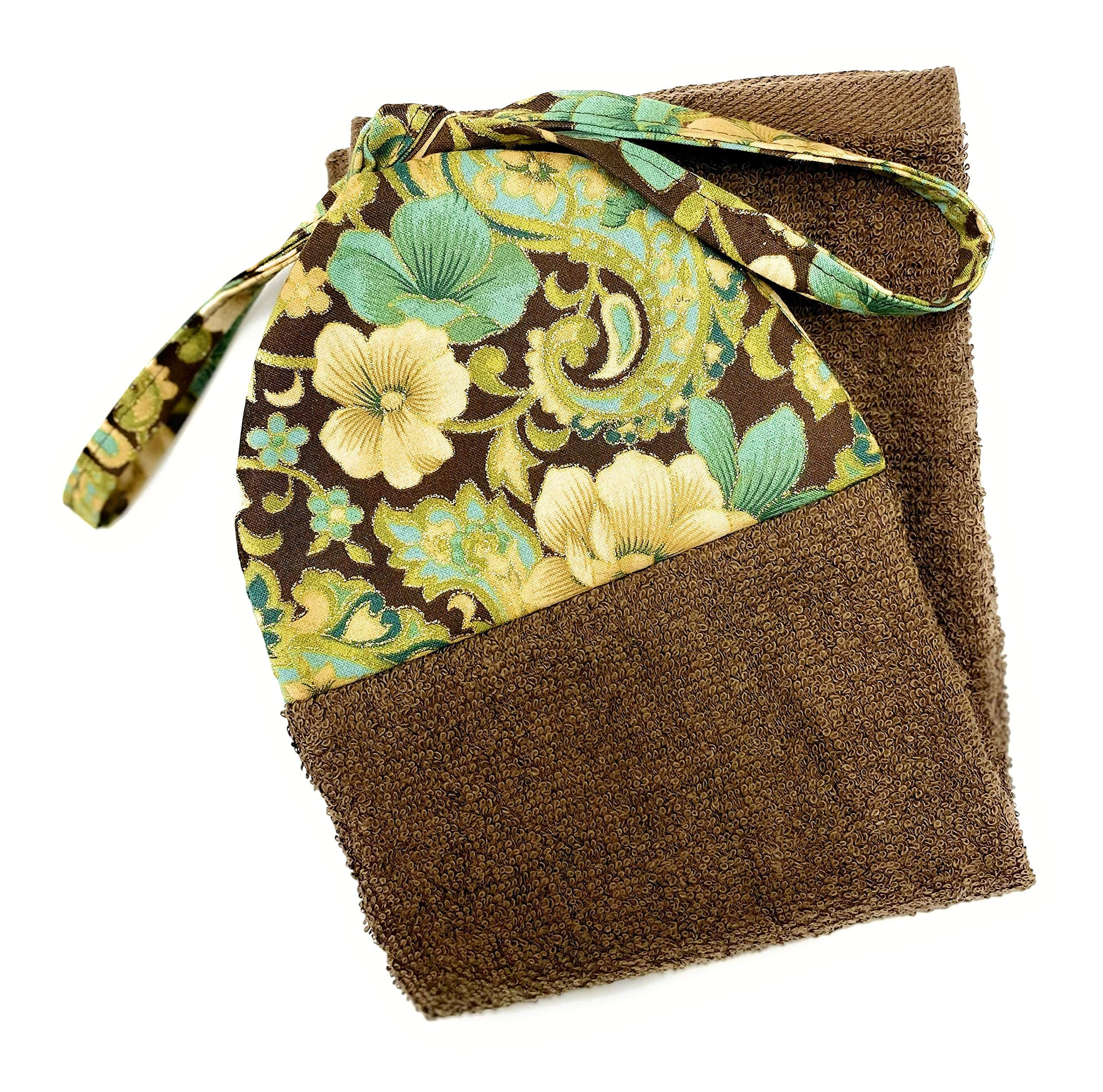 Teal and Cream Flowers and Paisley with Gold on Brown Reversible Ties On Stays Put Kitchen Hanging Loop Hand Dish Towel