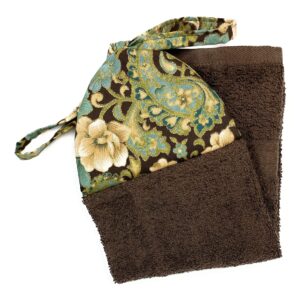 Teal and Cream Flowers and Paisley with Gold on Brown Reversible Ties On Stays Put Kitchen Hanging Loop Hand Dish Towel