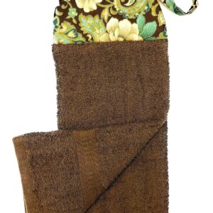 Teal and Cream Flowers and Paisley with Gold on Brown Reversible Ties On Stays Put Kitchen Hanging Loop Hand Dish Towel