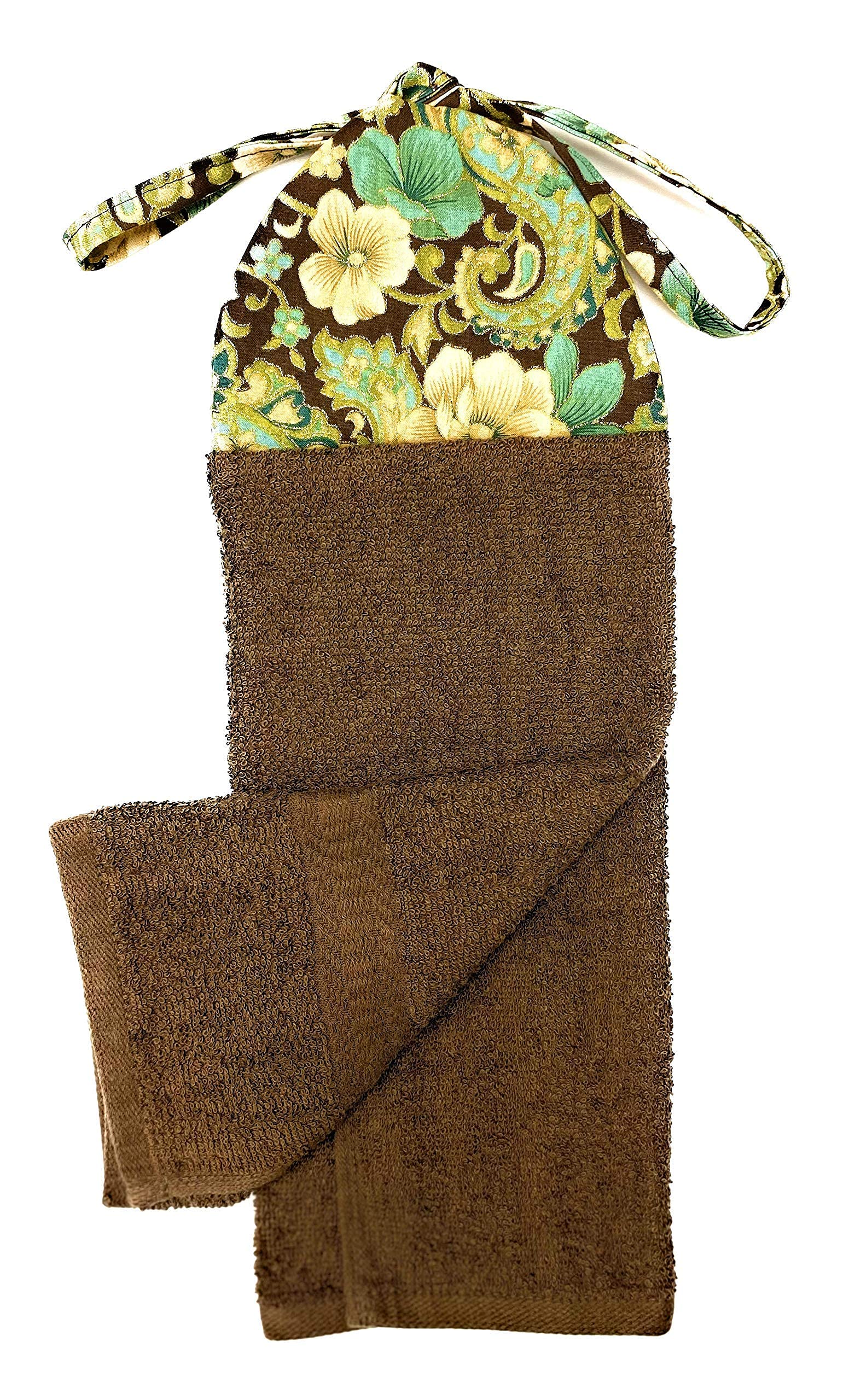 Teal and Cream Flowers and Paisley with Gold on Brown Reversible Ties On Stays Put Kitchen Hanging Loop Hand Dish Towel