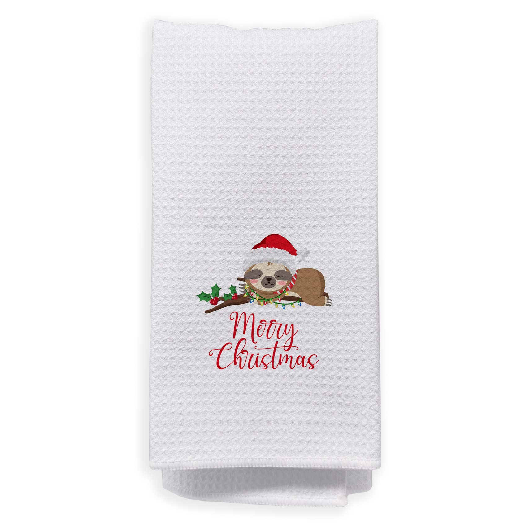 NEGIGA Merry Christmas Sloth Lightning Hat Reusable Waffle Weave Dish Cloths Towels 24x16 Inch,Funny Sloth Christmas Xmas Decor Decorative Dish Hand Towels For Cooking Drying Cleaning Kitchen Bathroom