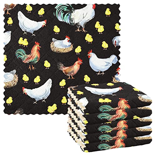 BOENLE Dish Towels Set of 6, Farm Animals Rooster Hen Eggs Kitchen Cloths Drying Dishes Dishcloths Cotton Absorbent Rags Funny Decorative