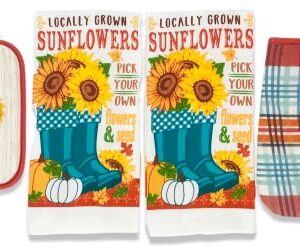 Autumn Sunflowers and Pumpkins Kitchen Towels and Pot Holder Set: Locally Grown Pick Your Own Flowers and Seeds with Cute Garden Boots (Be Thankful)