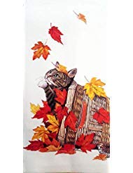 mary lake thompson autumn leaves cat basket 100% cotton flour sack dish tea towel 30" x 30"