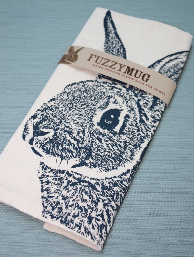 Bunny Tea Towel in Navy, Rabbit Tea Towel - Hand Printed Flour Sack Tea Towel, Kitchen Towel