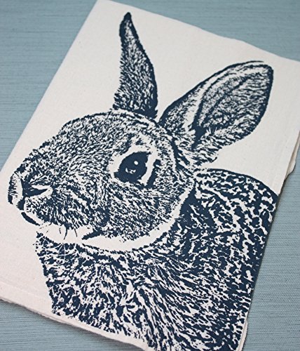 Bunny Tea Towel in Navy, Rabbit Tea Towel - Hand Printed Flour Sack Tea Towel, Kitchen Towel