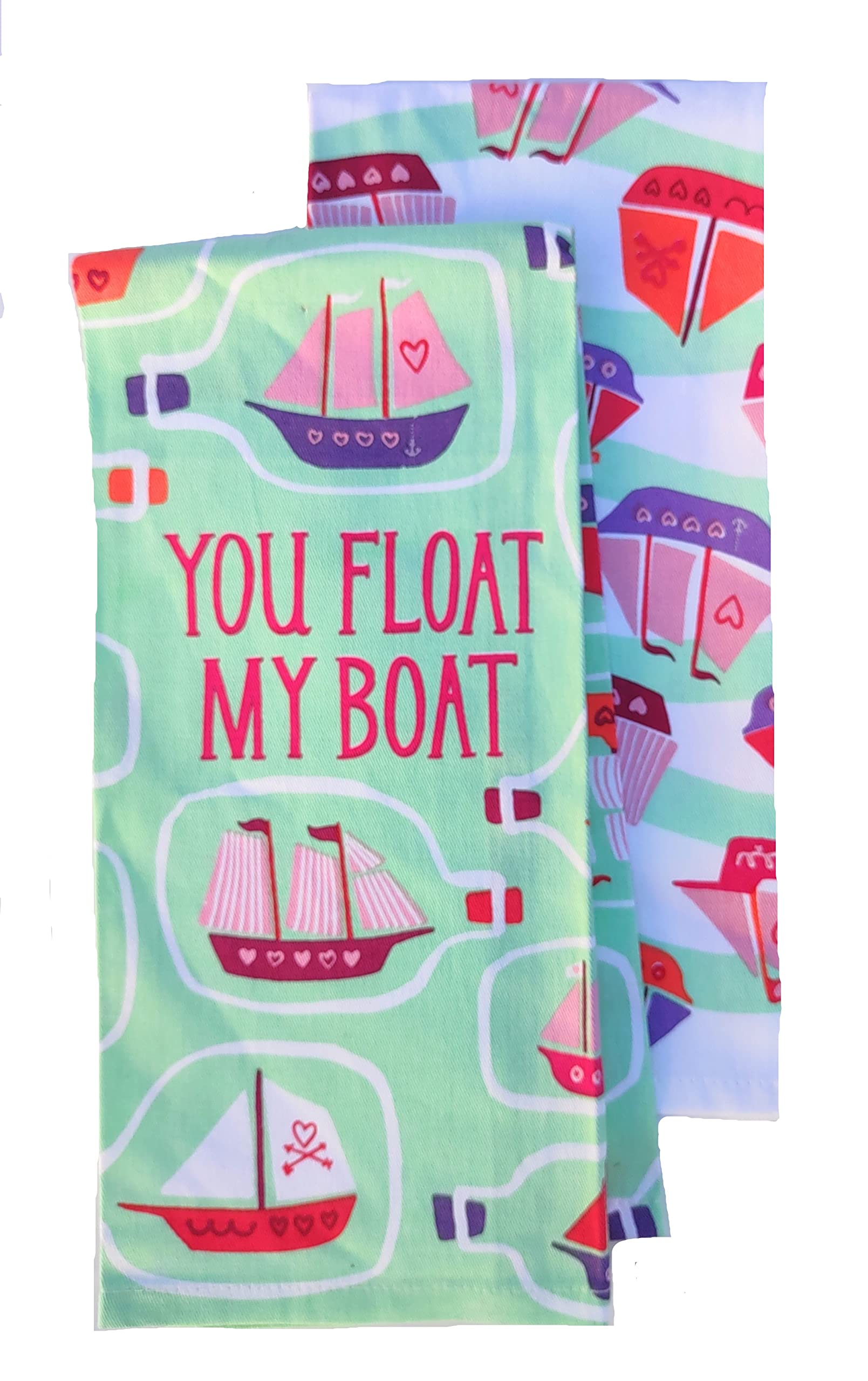 Happy Valentine's Day Cotton Kitchen Dish Towels "You Float My Boat", Set of 2