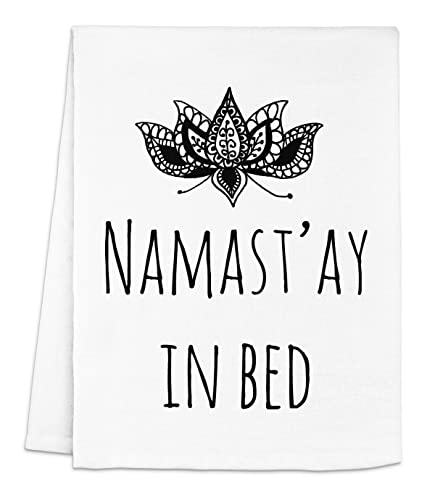 Funny Dish Towel, Namast'ay In Bed, Flour Sack Kitchen Towel, Sweet Housewarming Gift, Farmhouse Kitchen Decor, White or Gray (White)