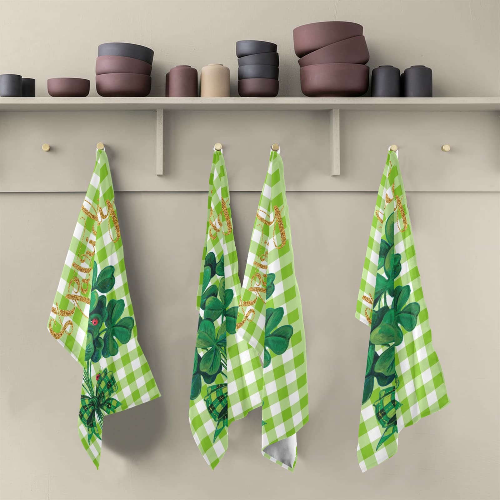 Happy St Patrick's Day Shamrock Bath Hand Towel Lucky Clover Green Buffalo Plaid Kitchen Dish Towels Rags 18x28 IN Super Absorbent Lint Free Cleaning Cloths Tea Towel Set Bathroom Accessories Set of 1