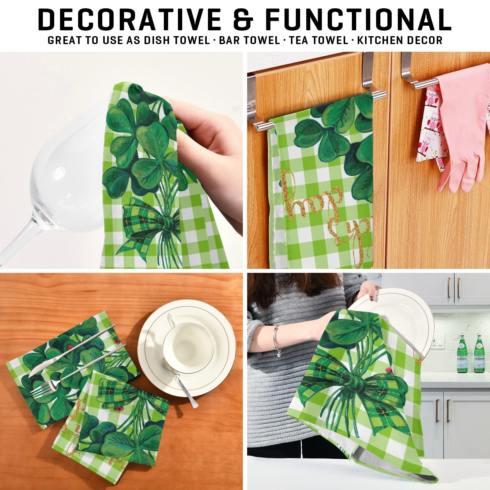 Happy St Patrick's Day Shamrock Bath Hand Towel Lucky Clover Green Buffalo Plaid Kitchen Dish Towels Rags 18x28 IN Super Absorbent Lint Free Cleaning Cloths Tea Towel Set Bathroom Accessories Set of 1