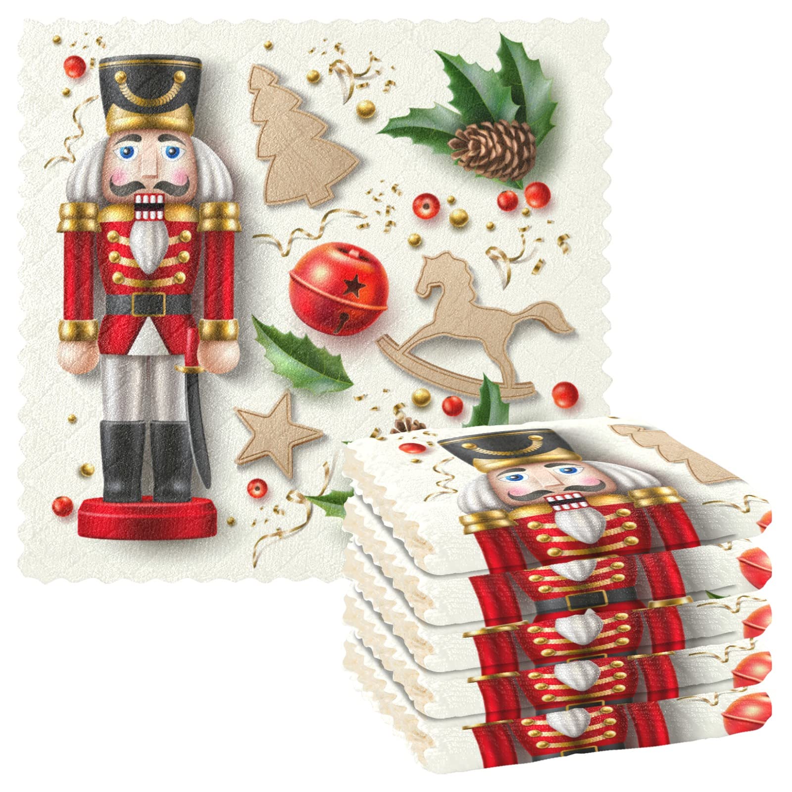 VIGTRO Christmas Nutcracker Kitchen Towels Super Absorbent,Winter Soldier Premium Dish Cloths Towels, Xmas Bells Toys Washable Fast Drying Dish Rags Reusable Cleaning Cloth 11x11 6 Pack