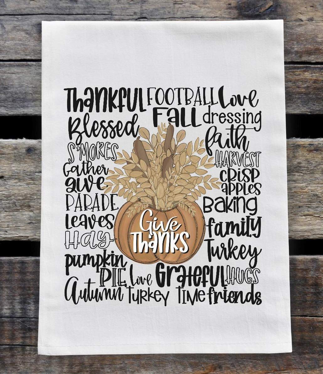 Kitchen Dish Towel - Fall Flour Sack Towel - Give Thanks Word Art Pumpkin