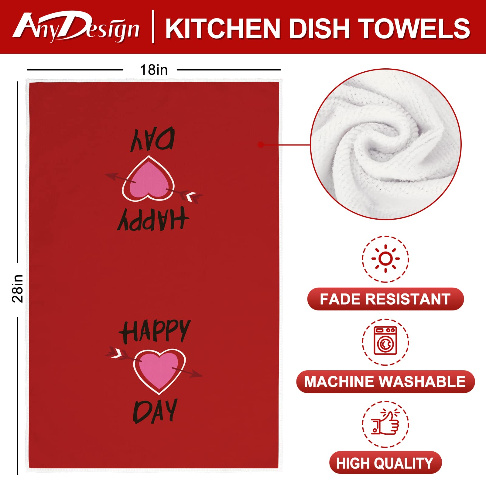 AnyDesign Valentine's Day Kitchen Towel Colorful Heart Dish Towel 18 x 28 Inch Happy Valentine's Day Hand Drying Tea Towel for Holiday Wedding Anniversary Cooking Baking, Set of 4