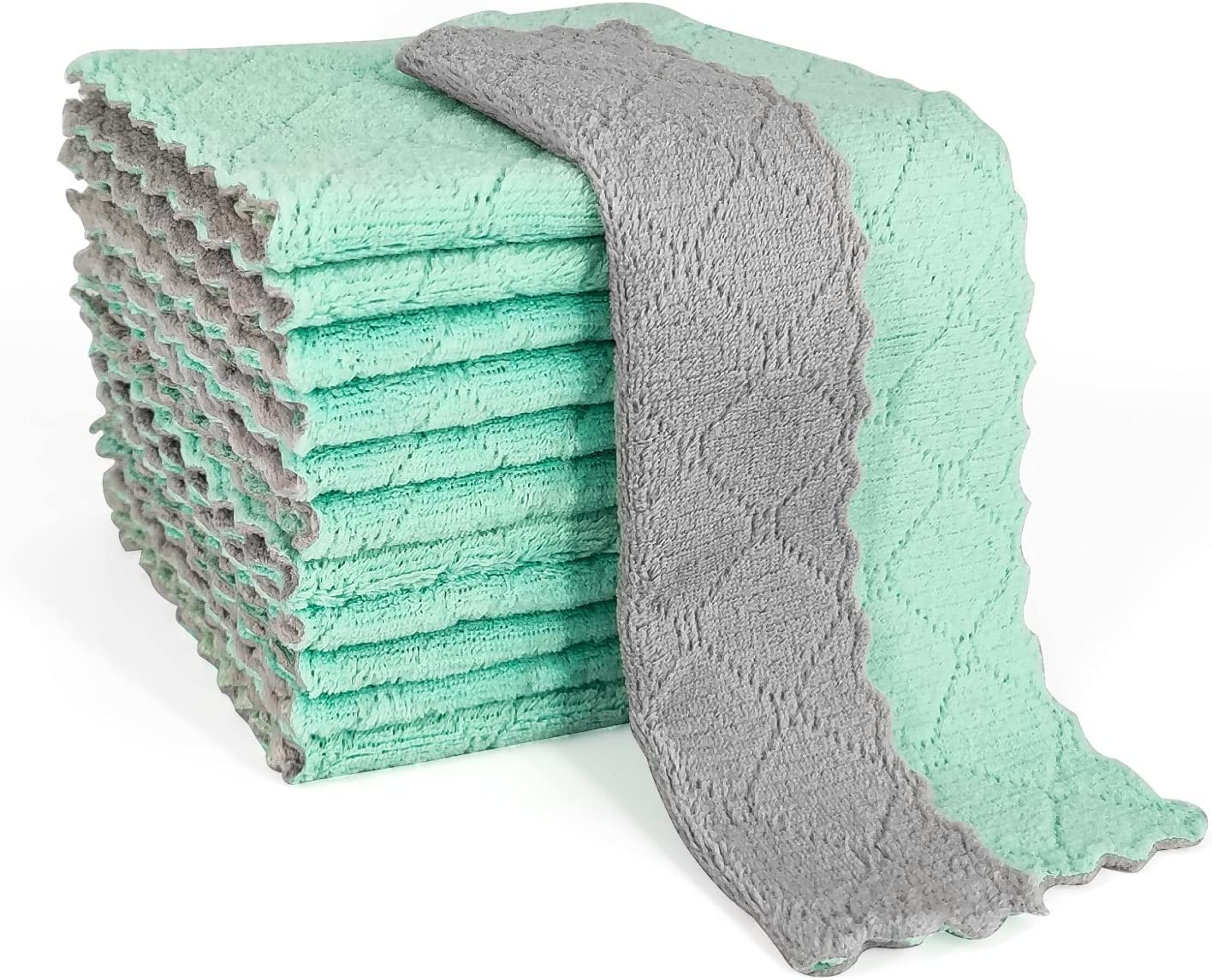 JIFOVER 12-Pack of Dish Towels for Kitchen Premium Dishcloths, Super Absorbent Coral Velvet Dishtowels, Nonstick Oil Washable Fast Drying - Green & Grey. (12 Pack/Set)