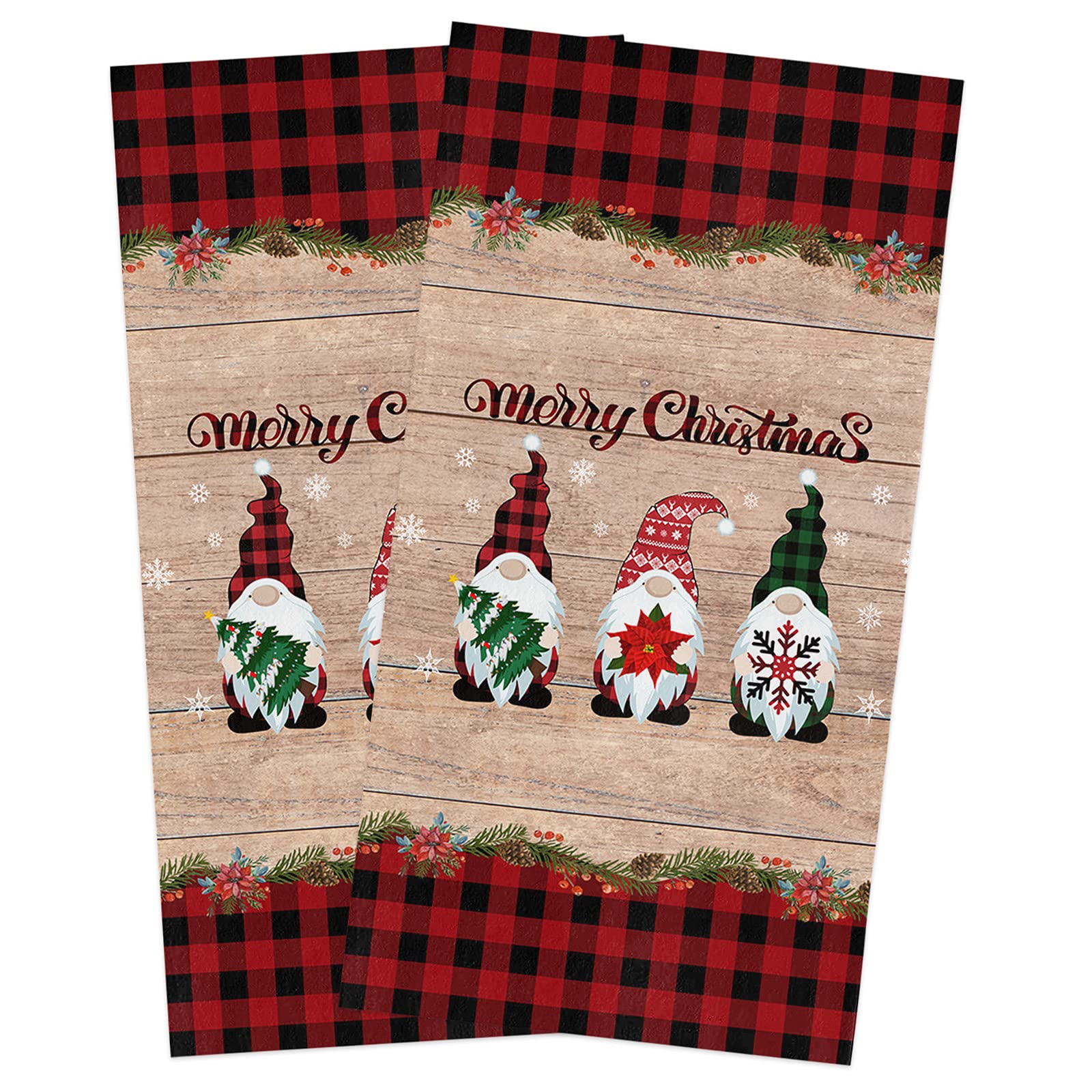 Christmas Kitchen Towels,Merry Christmas Buffalo Plaid Farm Gnomes Snowflake Pine Tree Super Soft 16x28 Inches Dish Cloth,Cotton Absorbent Tea Towels/Bar Towels/Cleaning Cloths/Hand Towels,(2 Pack)