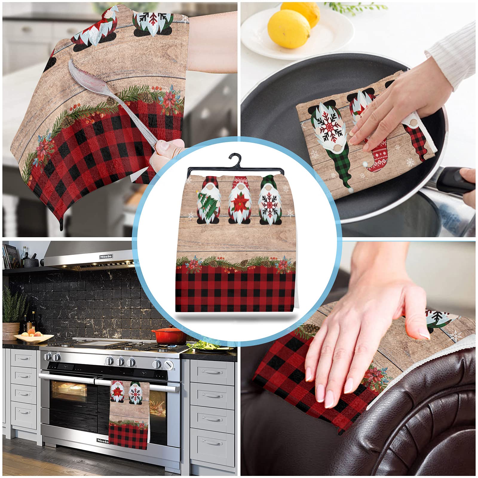 Christmas Kitchen Towels,Merry Christmas Buffalo Plaid Farm Gnomes Snowflake Pine Tree Super Soft 16x28 Inches Dish Cloth,Cotton Absorbent Tea Towels/Bar Towels/Cleaning Cloths/Hand Towels,(2 Pack)