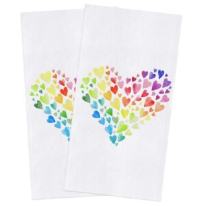 beisseid kitchen dish towels, colorful rainbow love heart dish cloth fingertip bath towels cloth summer romantic hand drying soft cotton tea towel set, 18x28in 2pcs