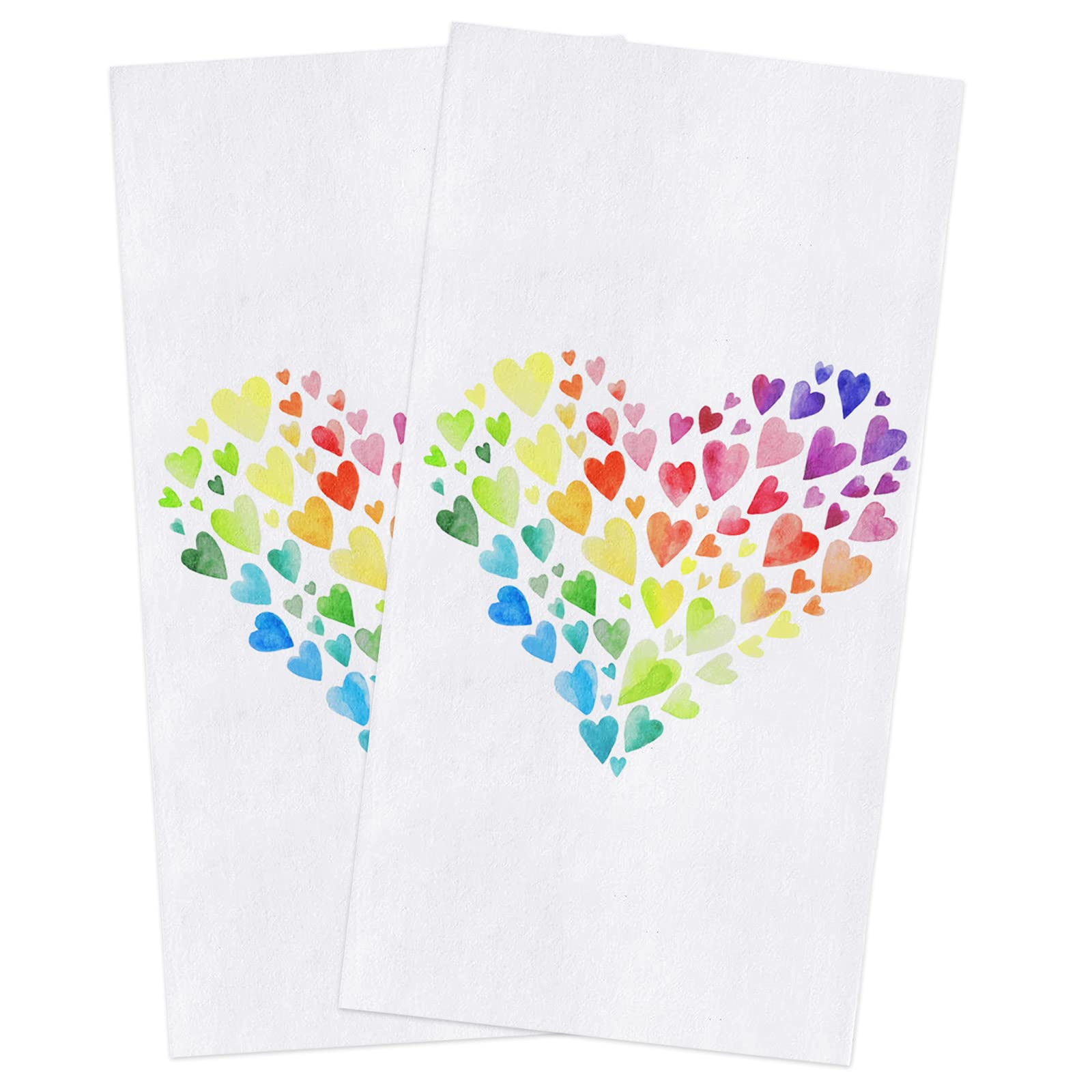 Beisseid Kitchen Dish Towels, Colorful Rainbow Love Heart Dish Cloth Fingertip Bath Towels Cloth Summer Romantic Hand Drying Soft Cotton Tea Towel Set, 18x28in 2PCS