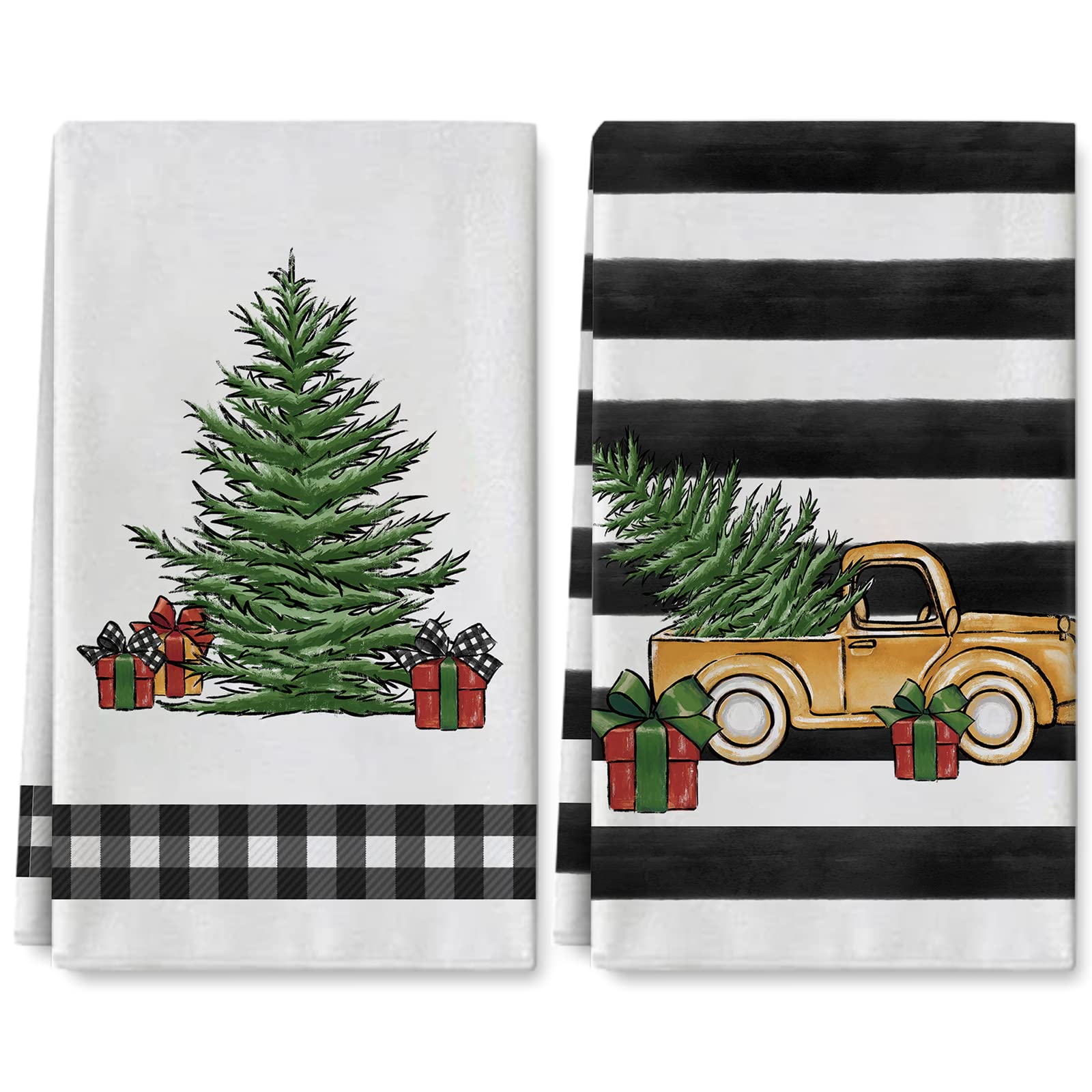 AnyDesign Christmas Kitchen Towel 18 x 28 Inch Xmas Tree Truck Dish Towel White Black Buffalo Plaids Stripe Holiday Tea Towel Farmhouse Rustic Hand Drying Towel for Cooking Baking, 2 Packs