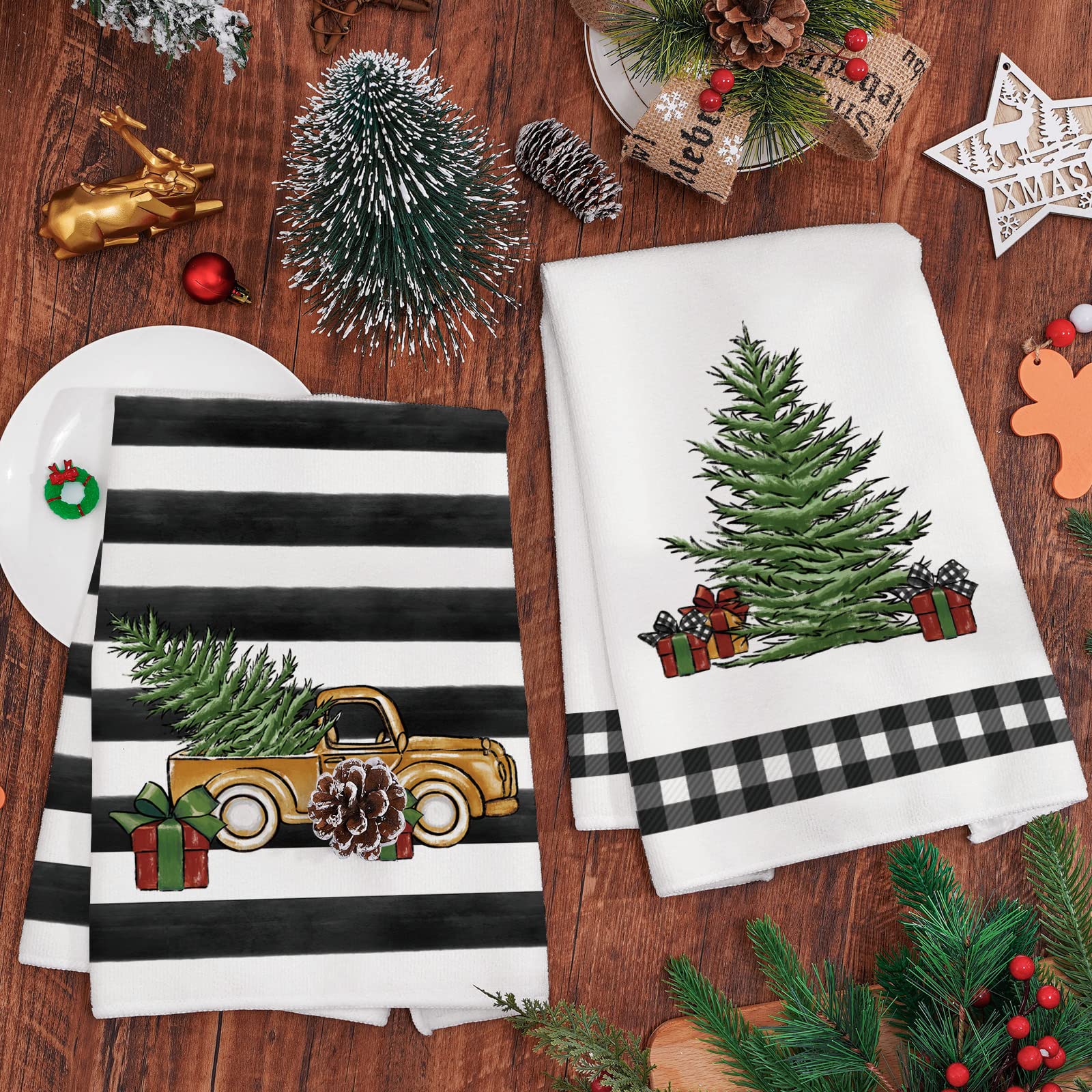 AnyDesign Christmas Kitchen Towel 18 x 28 Inch Xmas Tree Truck Dish Towel White Black Buffalo Plaids Stripe Holiday Tea Towel Farmhouse Rustic Hand Drying Towel for Cooking Baking, 2 Packs