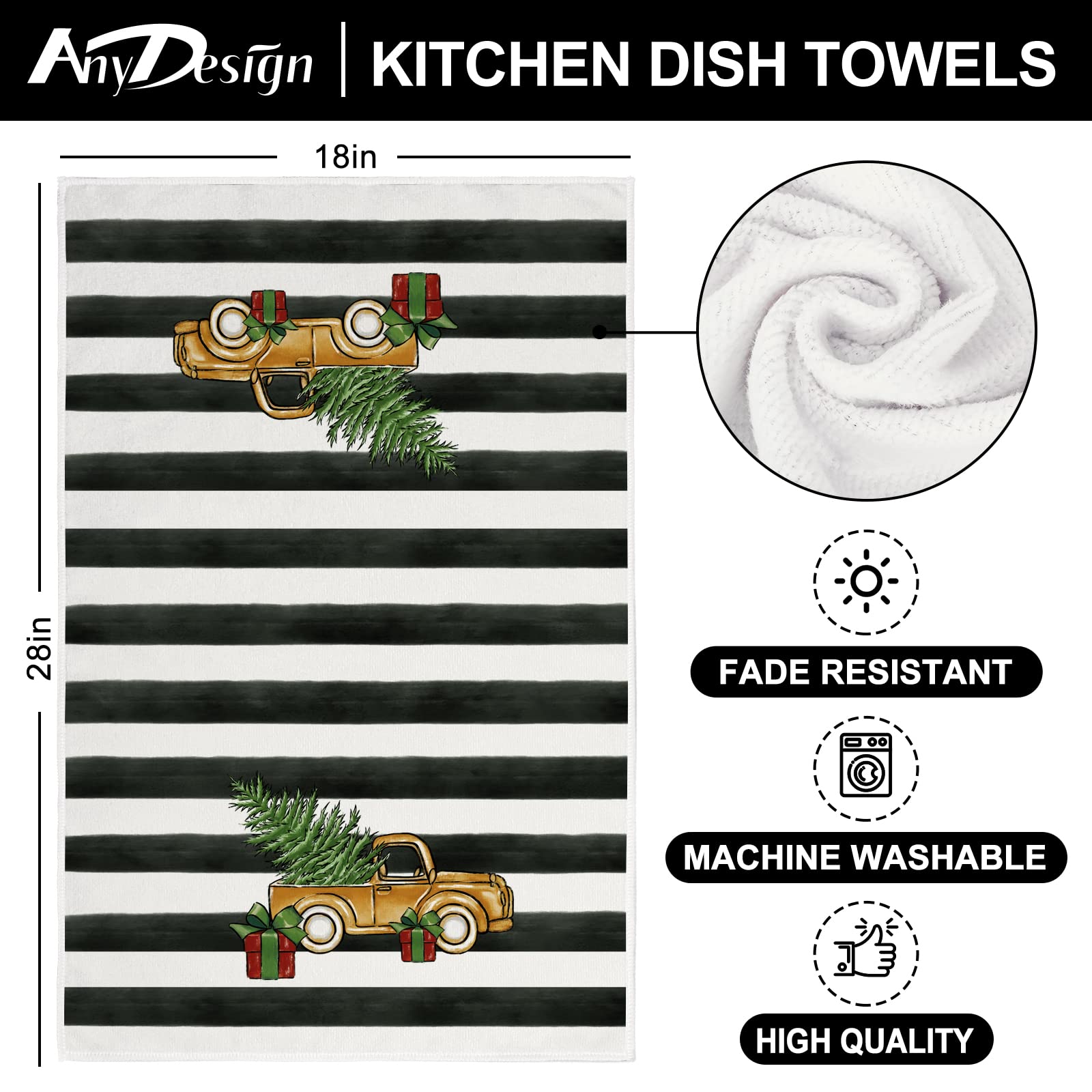 AnyDesign Christmas Kitchen Towel 18 x 28 Inch Xmas Tree Truck Dish Towel White Black Buffalo Plaids Stripe Holiday Tea Towel Farmhouse Rustic Hand Drying Towel for Cooking Baking, 2 Packs