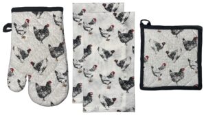 set of 4, 100% cotton, farmhouse design black & white rooster sentiment farmers market, kitchen towel set, include 2 kitchen towels, 1 pot holder & 1 ovenmitt.