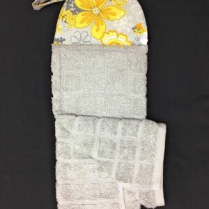 White and Yellow Flowers on Grey Gray Ties On Stays Put Kitchen Hanging Loop Hand Dish Towel