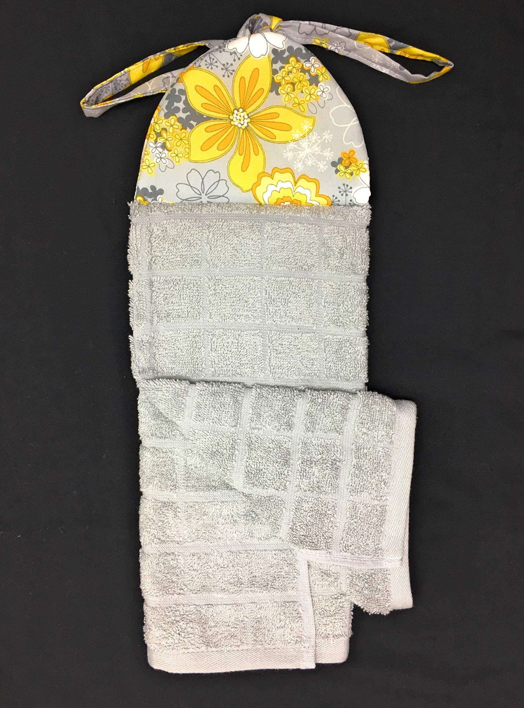 White and Yellow Flowers on Grey Gray Ties On Stays Put Kitchen Hanging Loop Hand Dish Towel