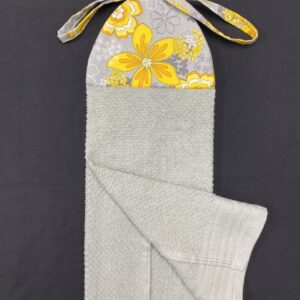 White and Yellow Flowers on Grey Gray Ties On Stays Put Kitchen Hanging Loop Hand Dish Towel