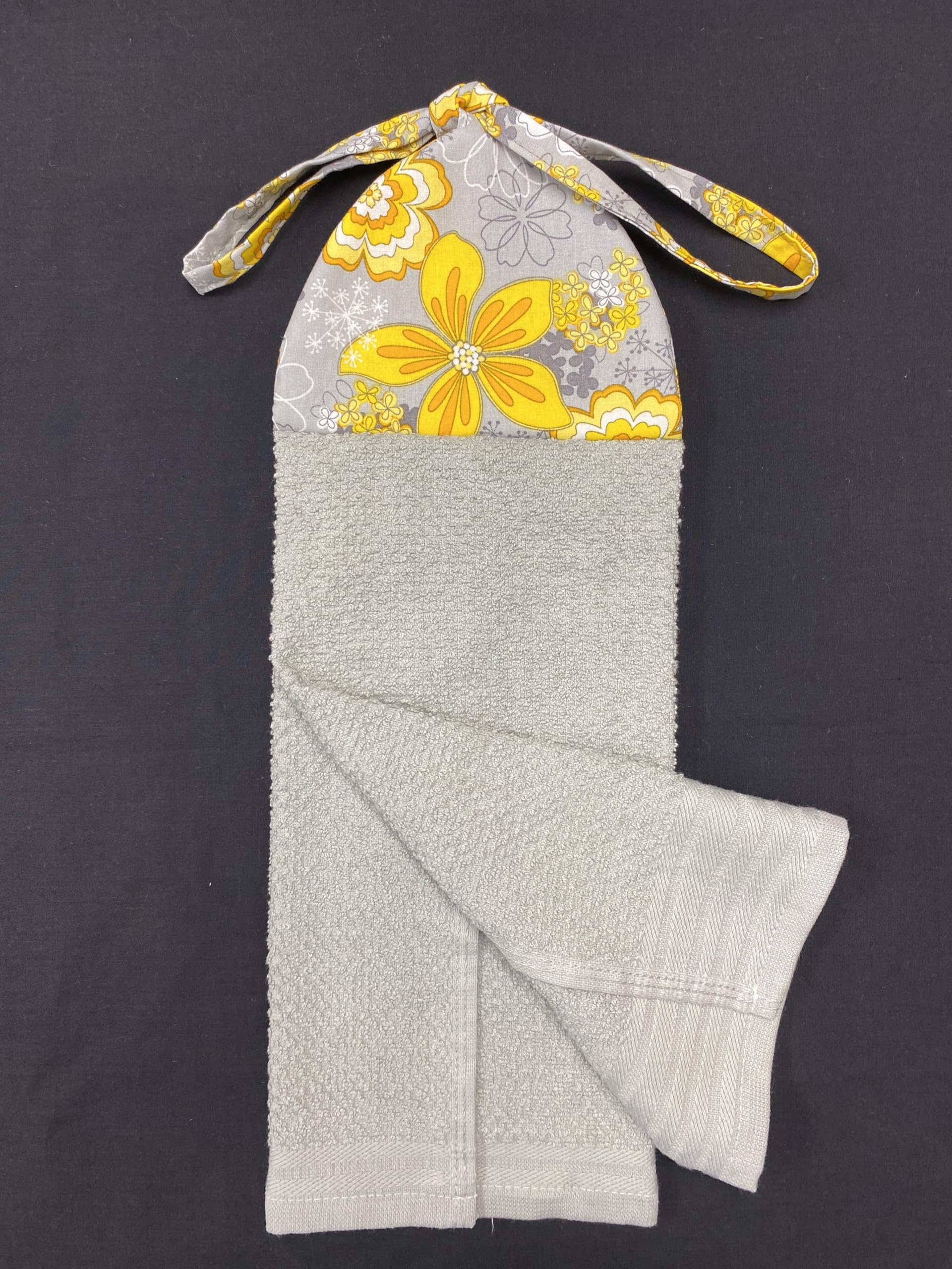 White and Yellow Flowers on Grey Gray Ties On Stays Put Kitchen Hanging Loop Hand Dish Towel