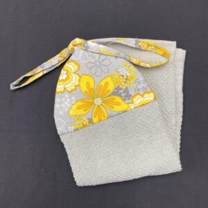 White and Yellow Flowers on Grey Gray Ties On Stays Put Kitchen Hanging Loop Hand Dish Towel