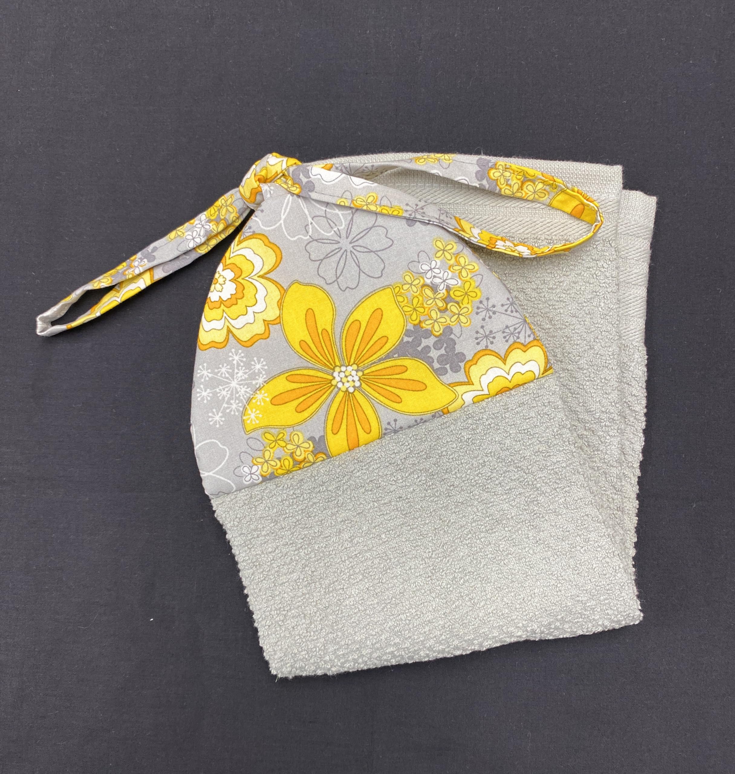 White and Yellow Flowers on Grey Gray Ties On Stays Put Kitchen Hanging Loop Hand Dish Towel