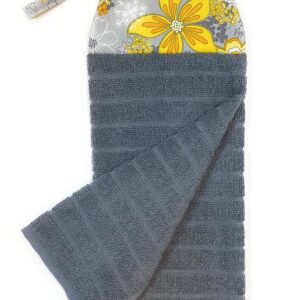 White and Yellow Flowers on Grey Gray Ties On Stays Put Kitchen Hanging Loop Hand Dish Towel